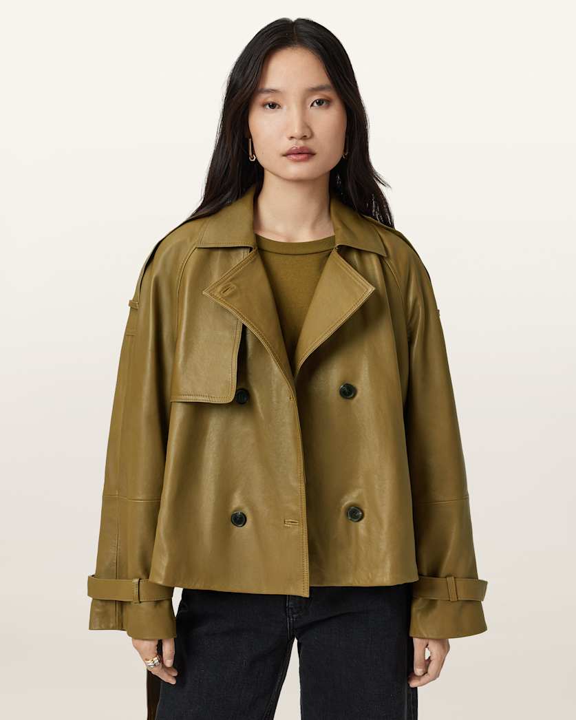 Reed Cropped Leather Trench FANGO GREEN | ALLSAINTS
